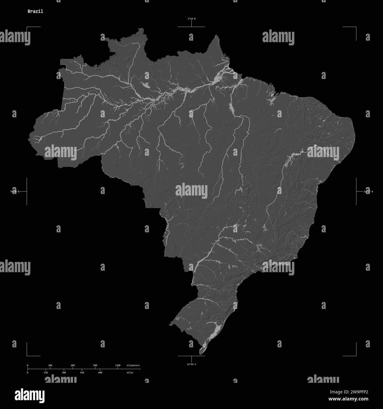 Shape of a Bilevel elevation map with lakes and rivers of the Brazil ...