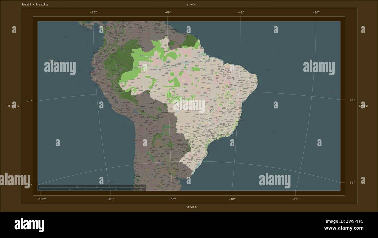 Brazil highlighted on a topographic, OSM France style map map with the ...