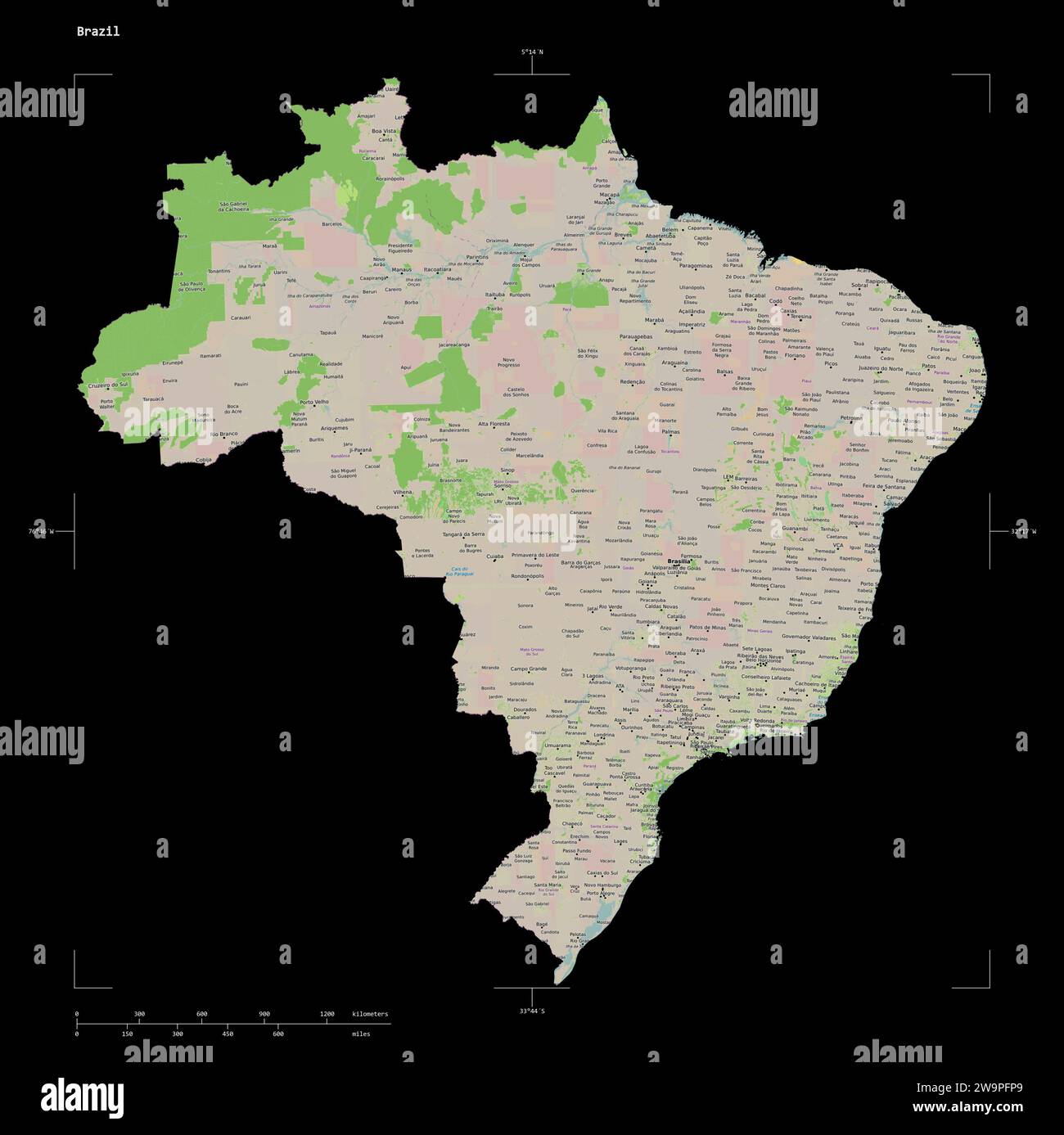 Shape of a topographic, OSM France style map of the Brazil, with ...