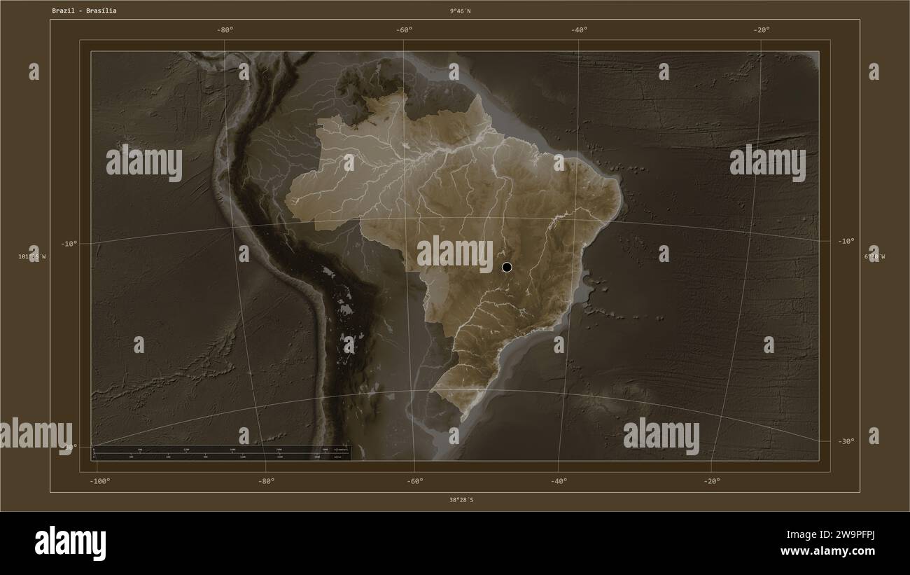 Brazil highlighted on a elevation map colored in sepia tones with lakes ...