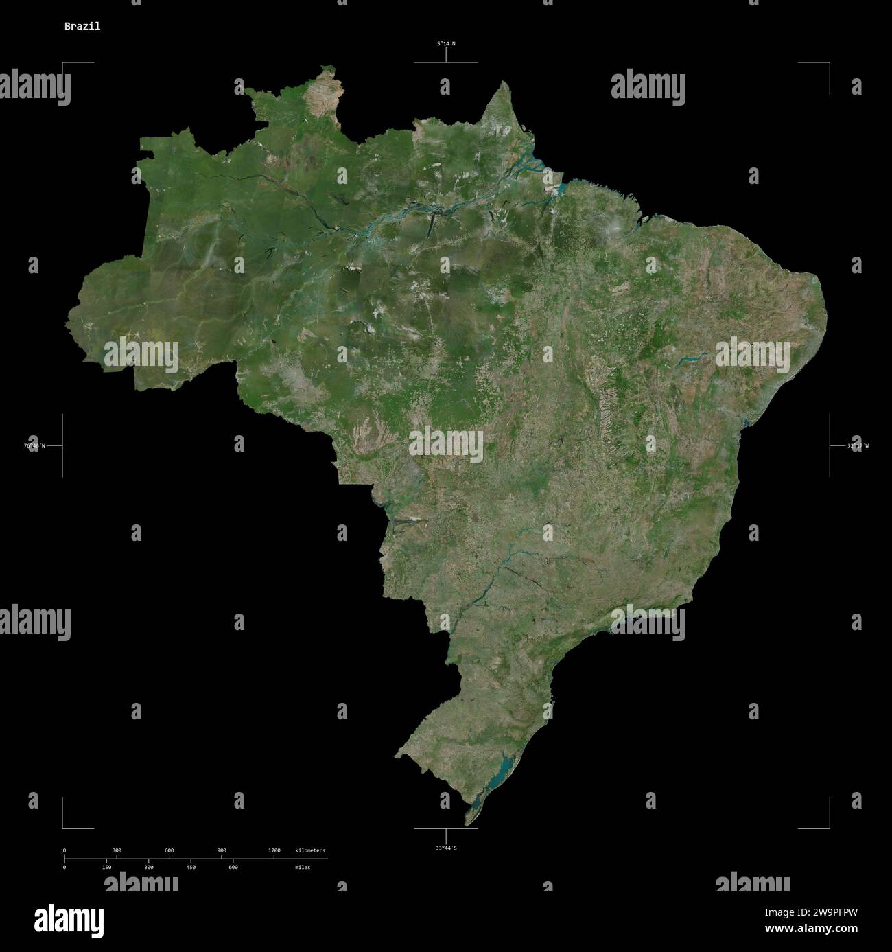 Shape of a high resolution satellite map of the Brazil, with distance ...