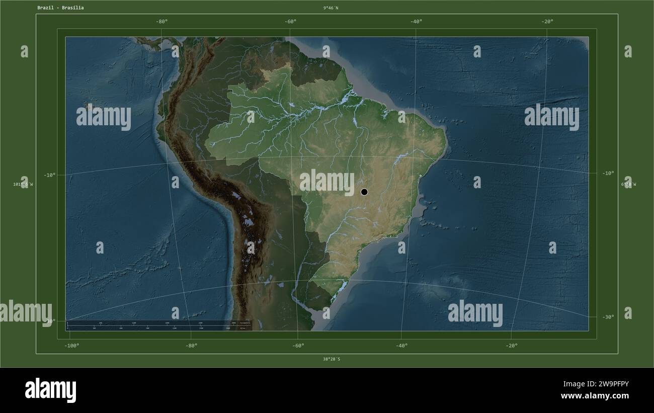 Brazil highlighted on a Pale colored elevation map with lakes and ...