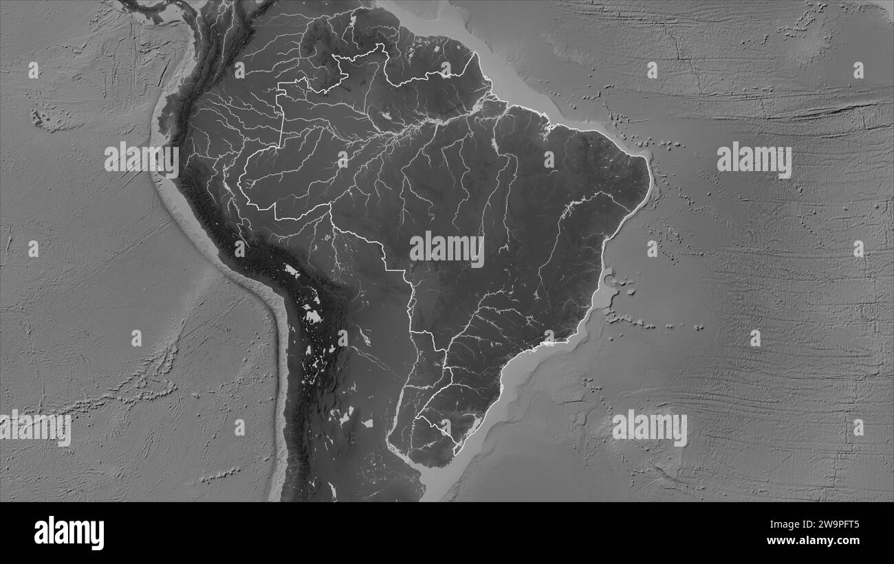 Brazil outlined on a Grayscale elevation map with lakes and rivers ...
