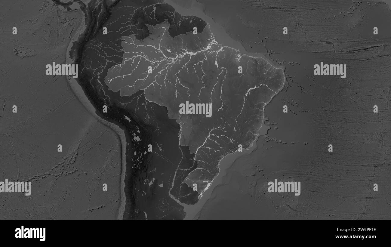 Brazil highlighted on a Grayscale elevation map with lakes and rivers Stock Photo - Alamy