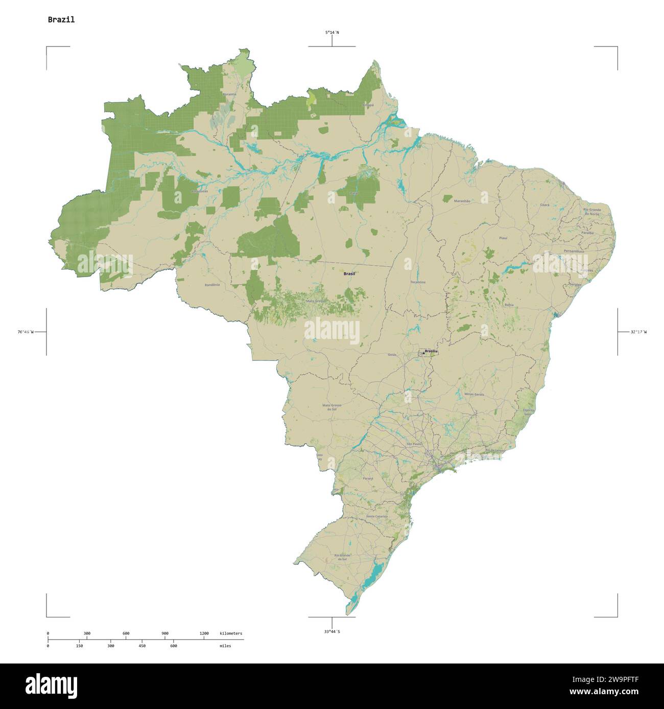 Shape of a topographic, OSM Humanitarian style map of the Brazil, with ...