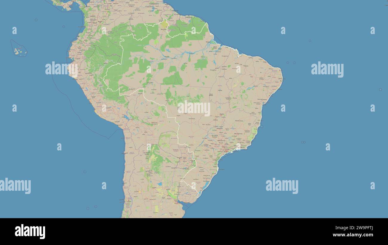 Brazil outlined on a topographic, OSM standard style map Stock Photo ...