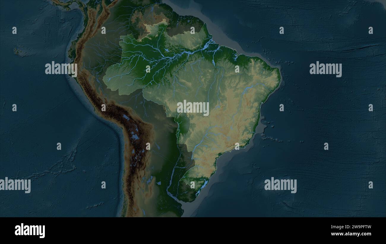 Brazil highlighted on a Colored elevation map with lakes and rivers ...