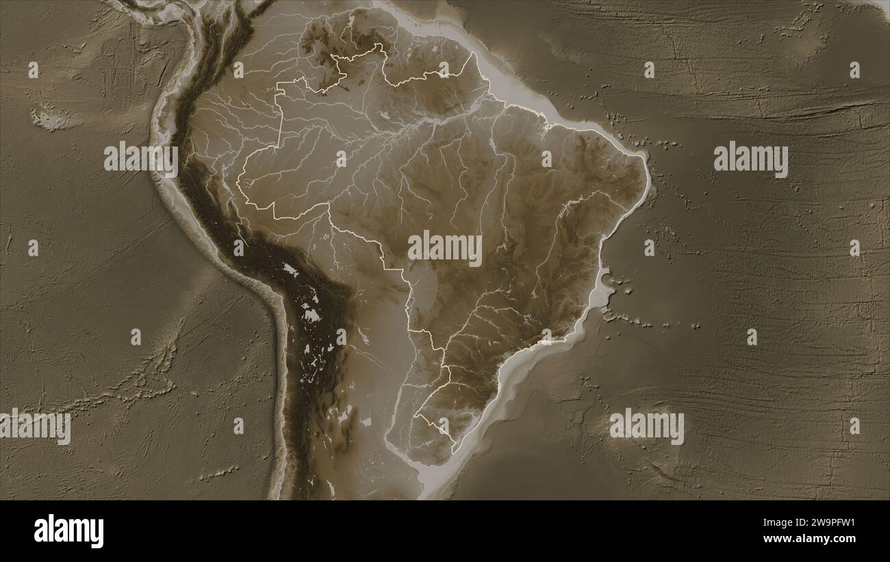 Brazil outlined on a elevation map colored in sepia tones with lakes ...