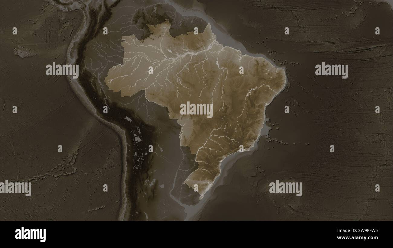 Brazil highlighted on a elevation map colored in sepia tones with lakes ...