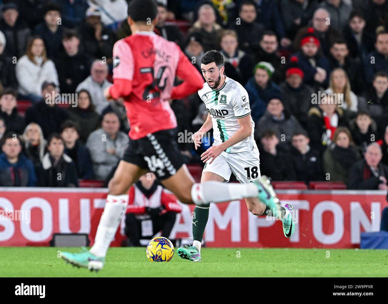 Finn Azaz #18 of Plymouth Argyle in action during the Sky Bet ...