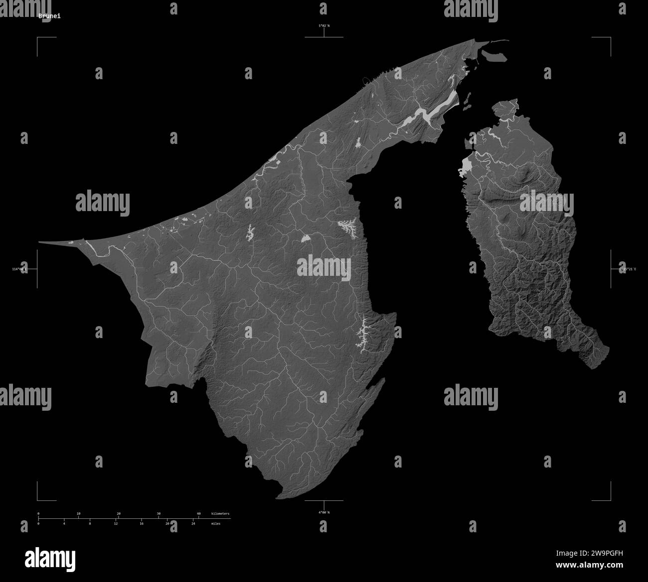Shape of a Grayscale elevation map with lakes and rivers of the Brunei ...