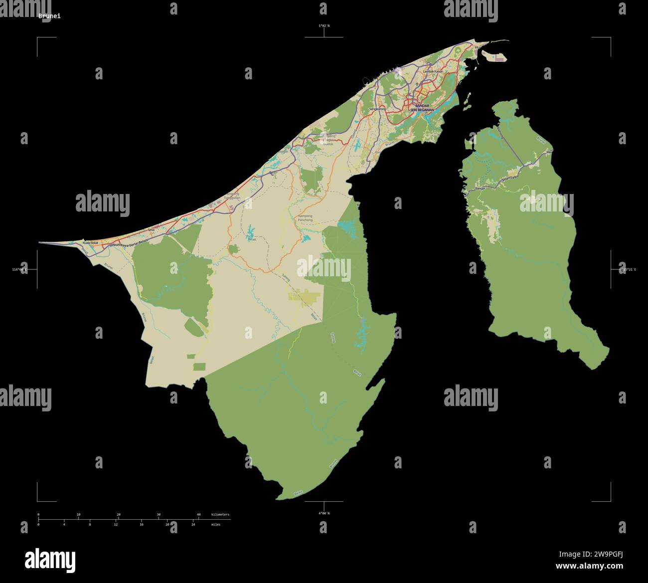 Shape of a topographic, OSM Humanitarian style map of the Brunei, with ...