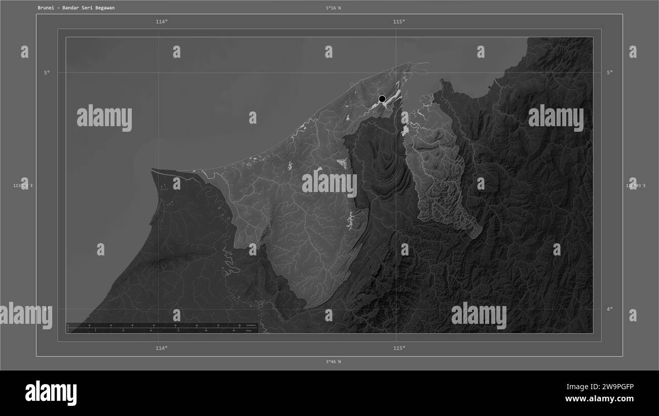 Brunei highlighted on a Grayscale elevation map with lakes and rivers ...