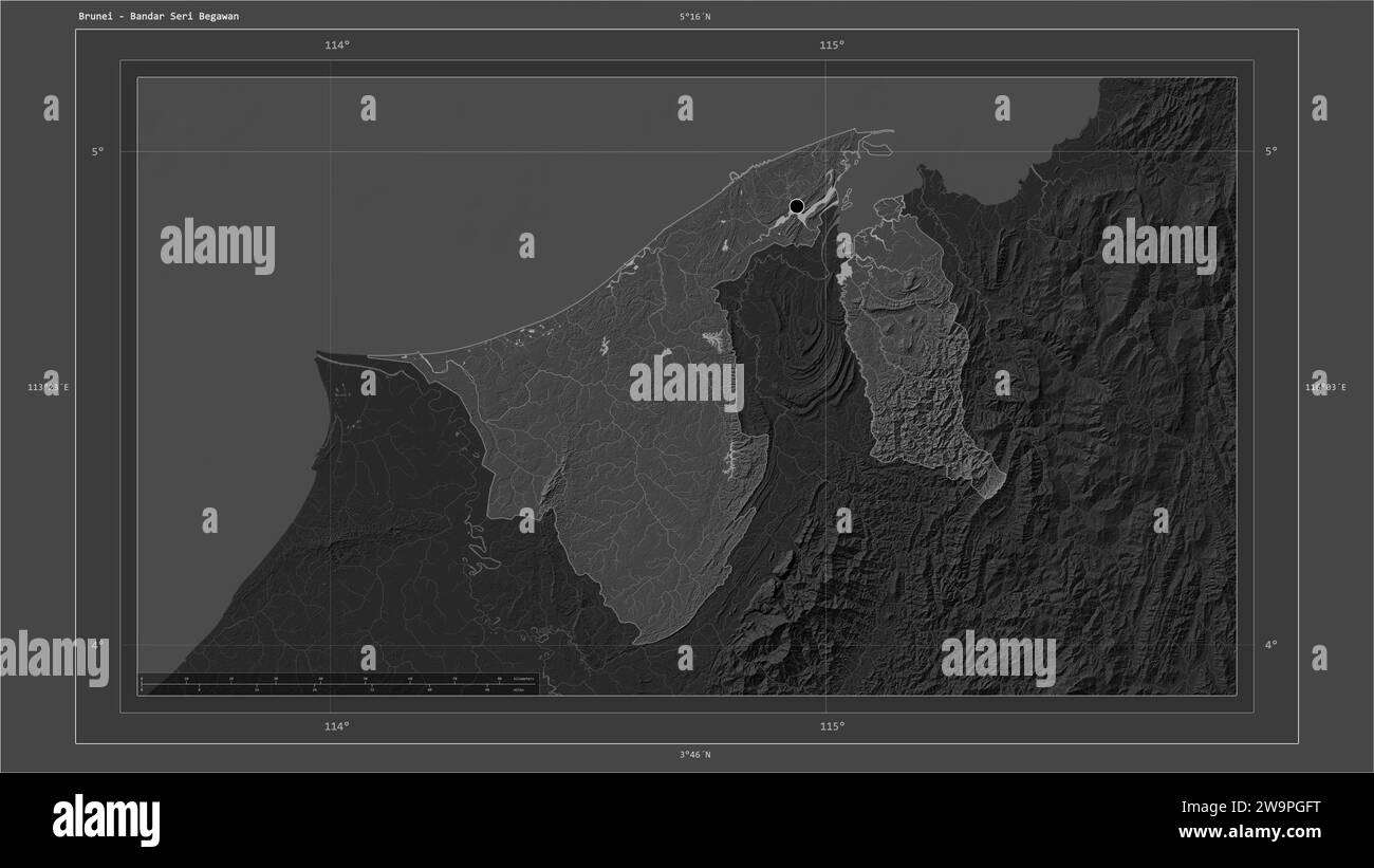 Brunei highlighted on a Bilevel elevation map with lakes and rivers map ...
