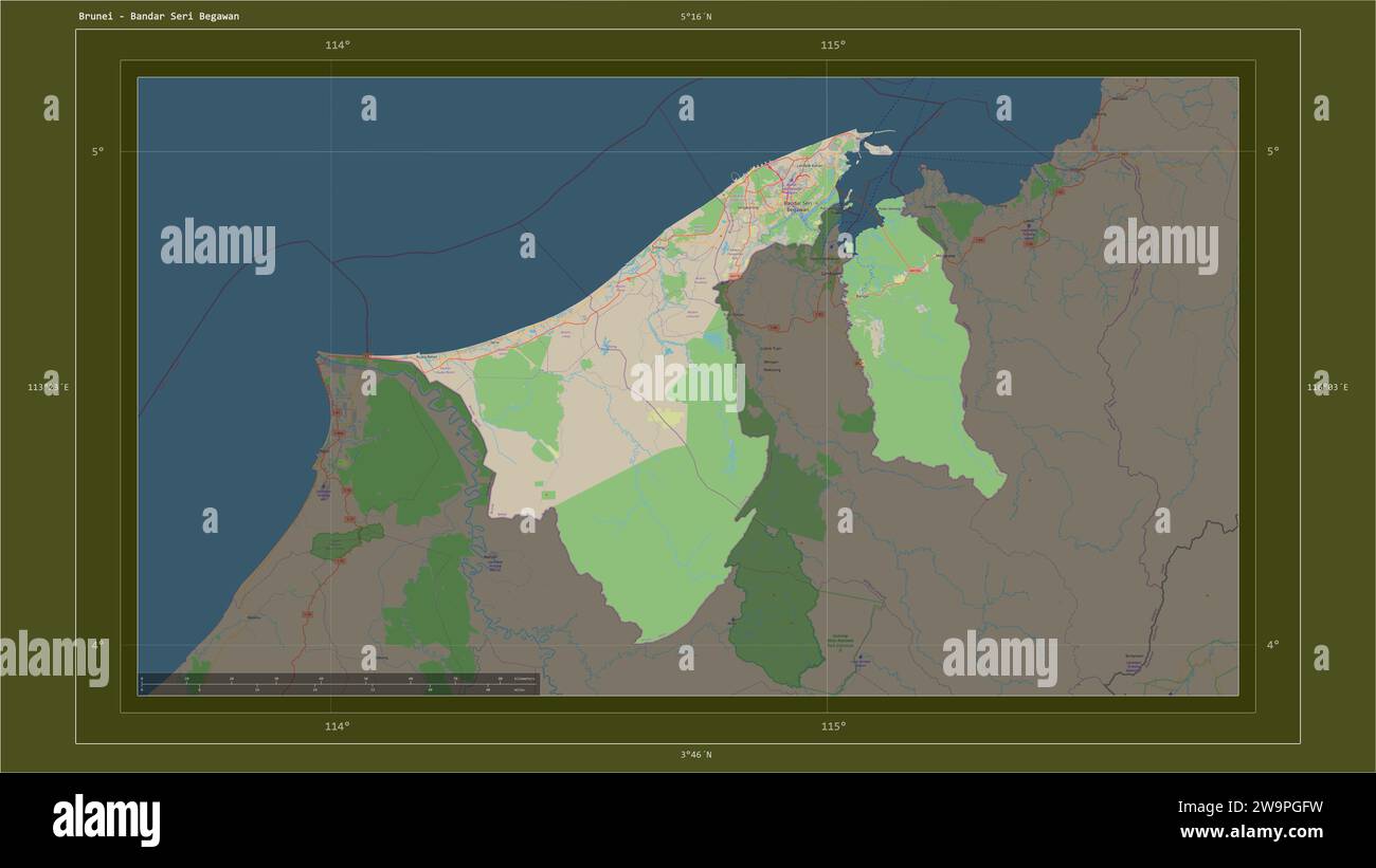 Brunei highlighted on a topographic, OSM standard style map map with ...