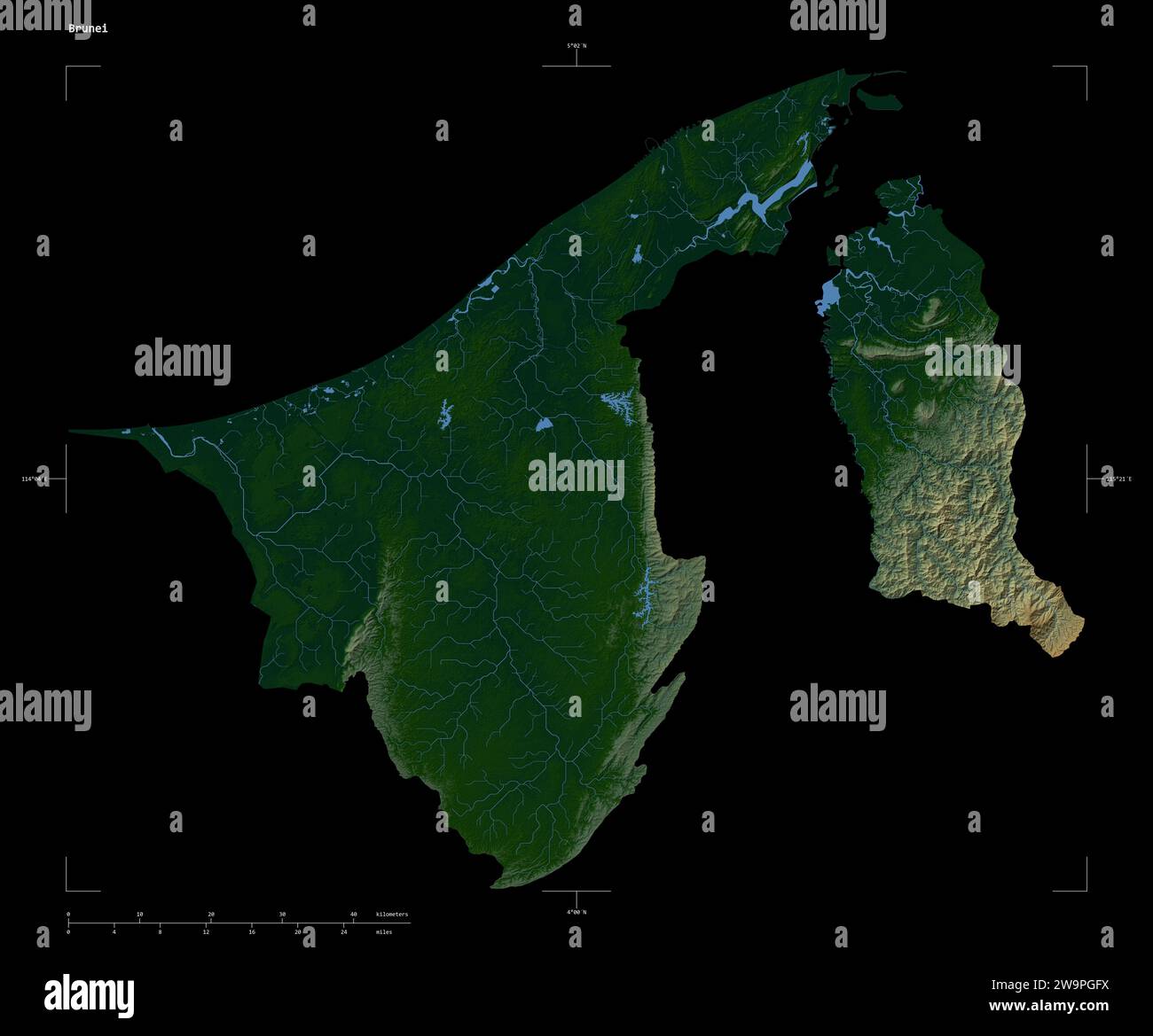 Shape of a Colored elevation map with lakes and rivers of the Brunei, with distance scale and ...