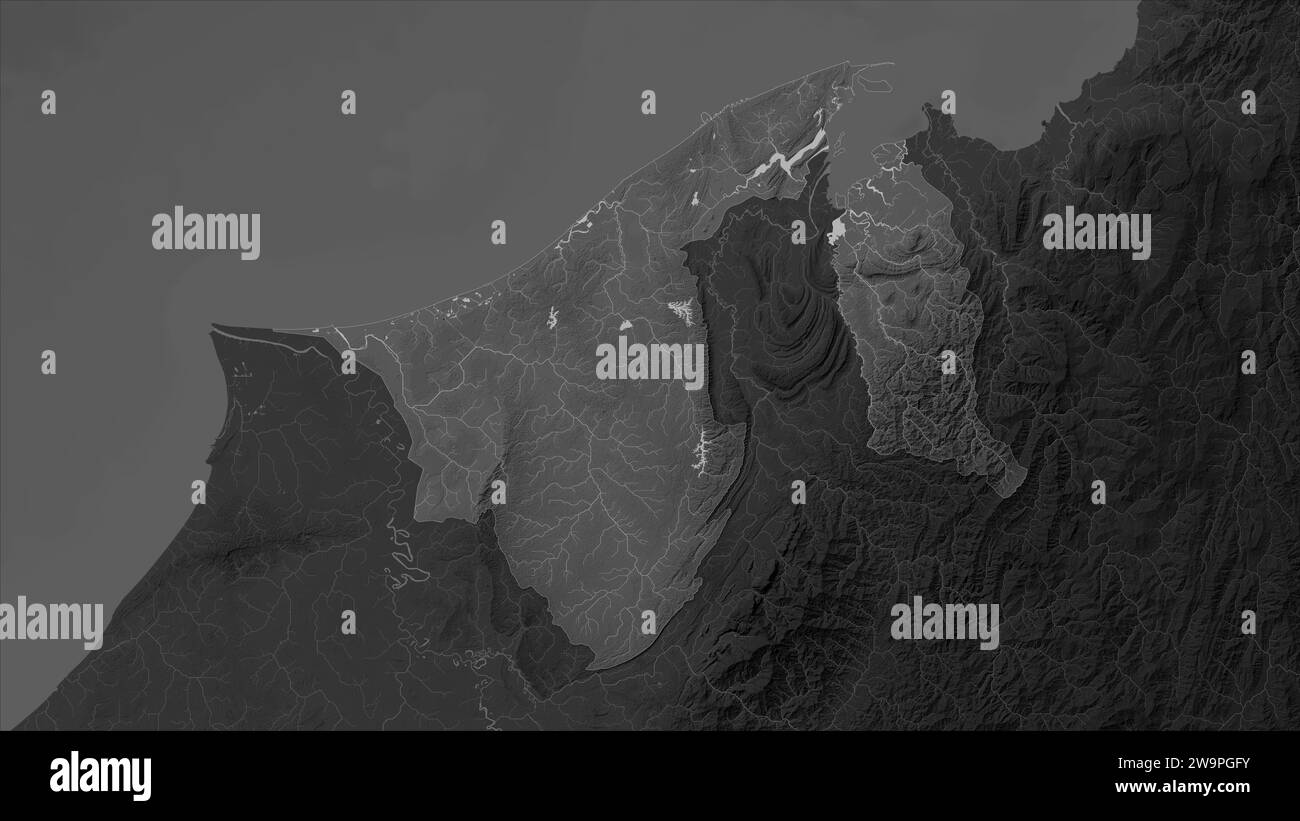 Brunei highlighted on a Grayscale elevation map with lakes and rivers ...