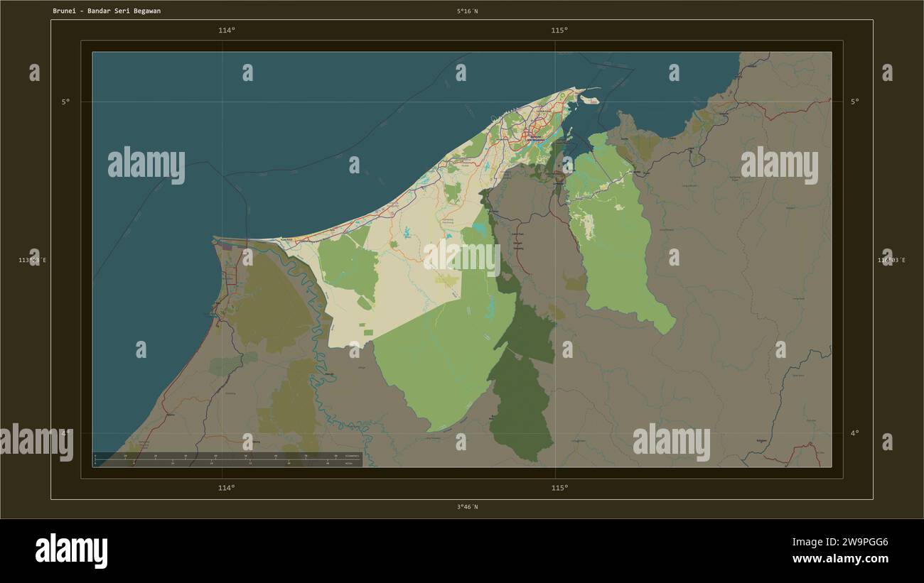 Brunei highlighted on a topographic, OSM Humanitarian style map map ...