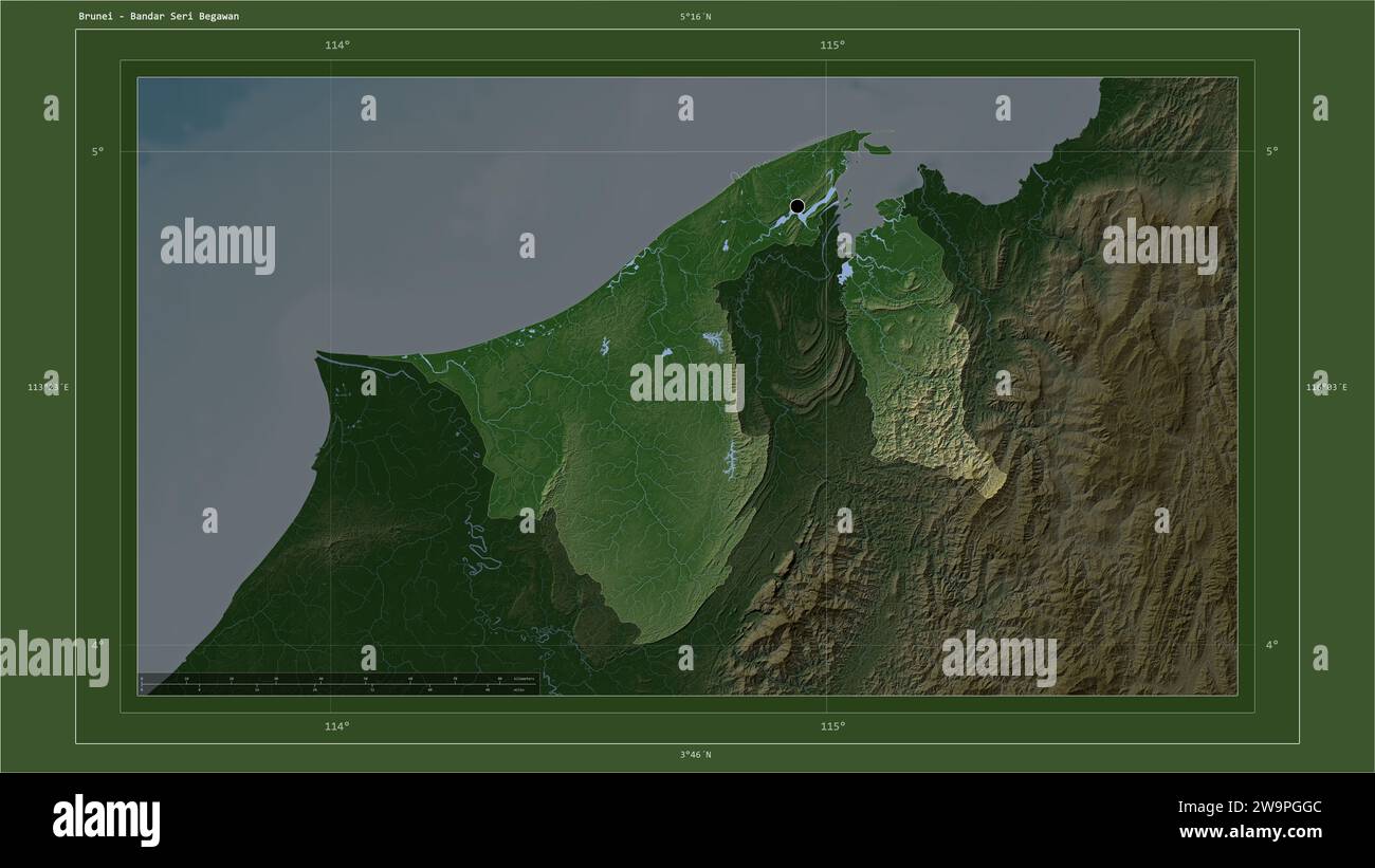 Brunei highlighted on a Pale colored elevation map with lakes and ...