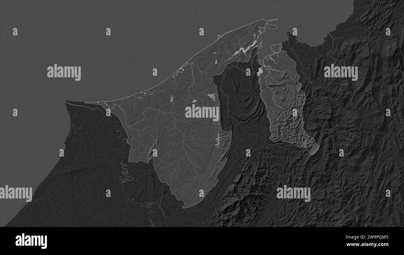 Brunei highlighted on a Bilevel elevation map with lakes and rivers ...