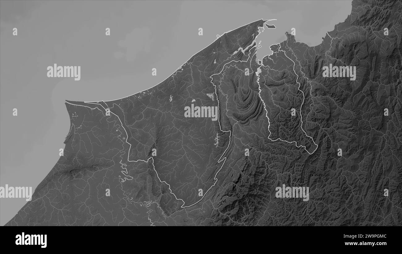 Brunei outlined on a Grayscale elevation map with lakes and rivers ...