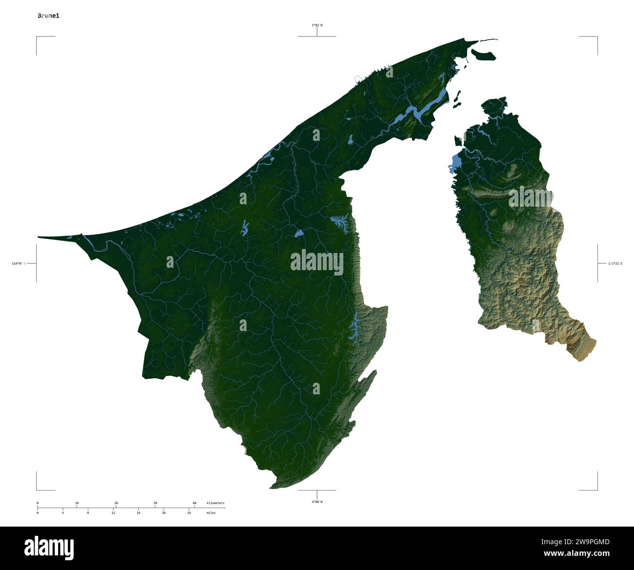 Shape of a Colored elevation map with lakes and rivers of the Brunei ...
