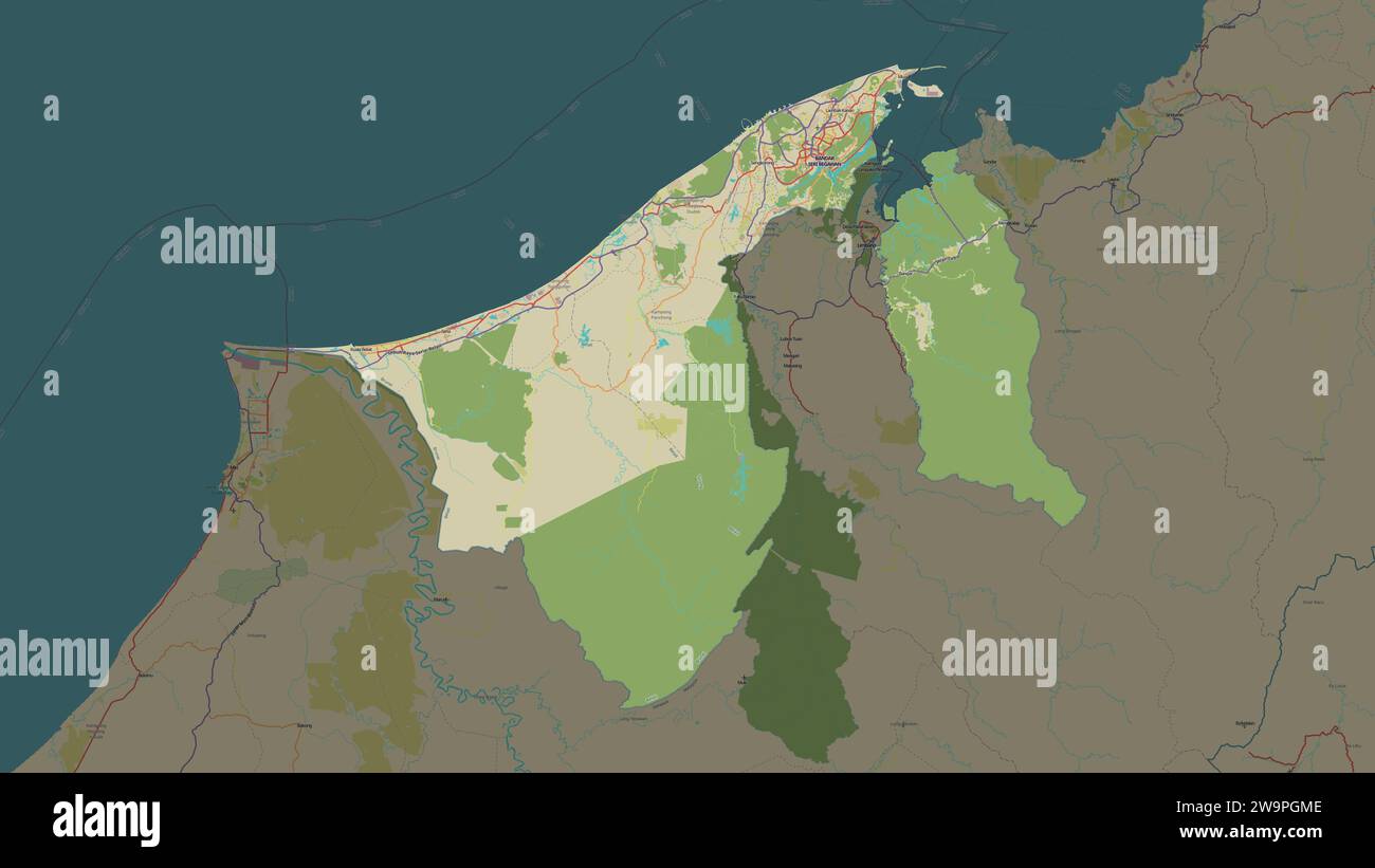 Brunei highlighted on a topographic, OSM Humanitarian style map Stock ...