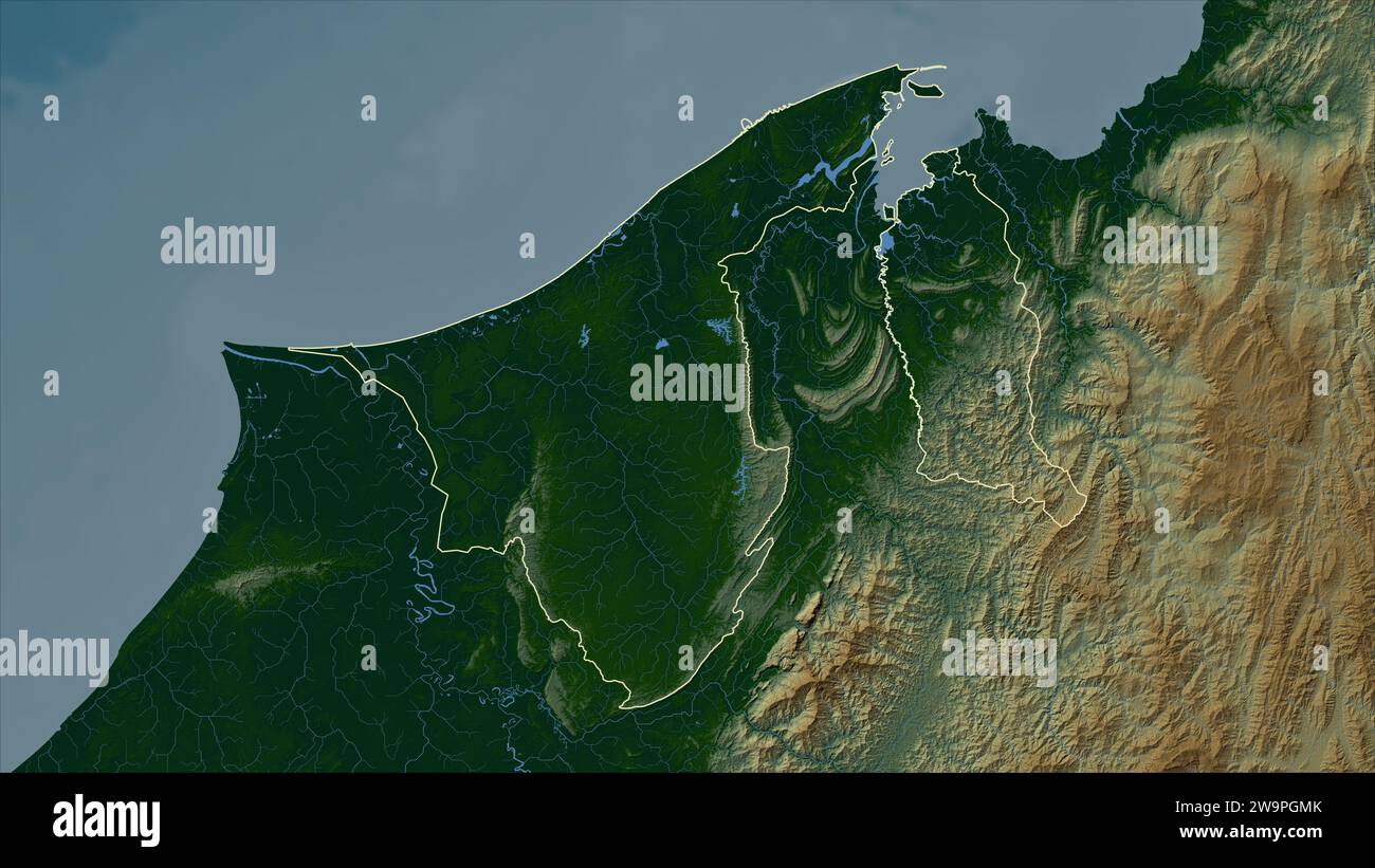 Brunei outlined on a Colored elevation map with lakes and rivers Stock ...