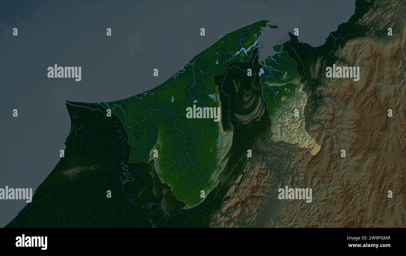 Brunei highlighted on a Colored elevation map with lakes and rivers ...