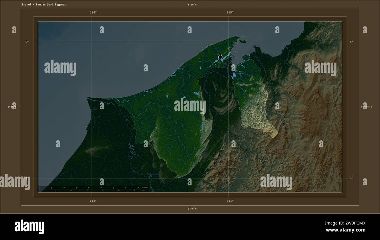 Brunei highlighted on a Colored elevation map with lakes and rivers map ...