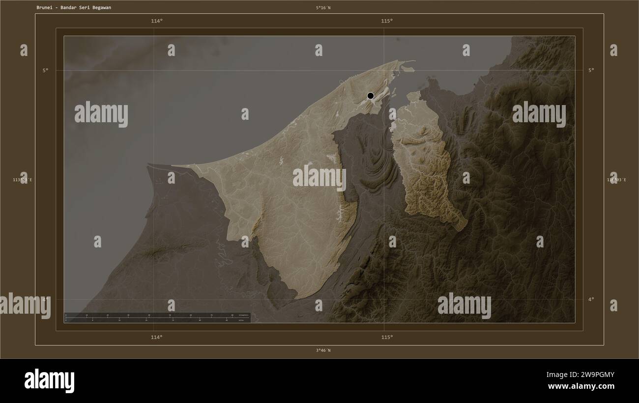Brunei highlighted on a elevation map colored in sepia tones with lakes ...