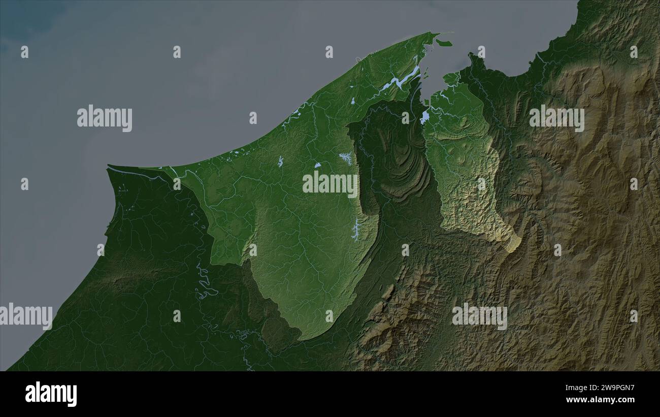 Brunei highlighted on a Pale colored elevation map with lakes and ...