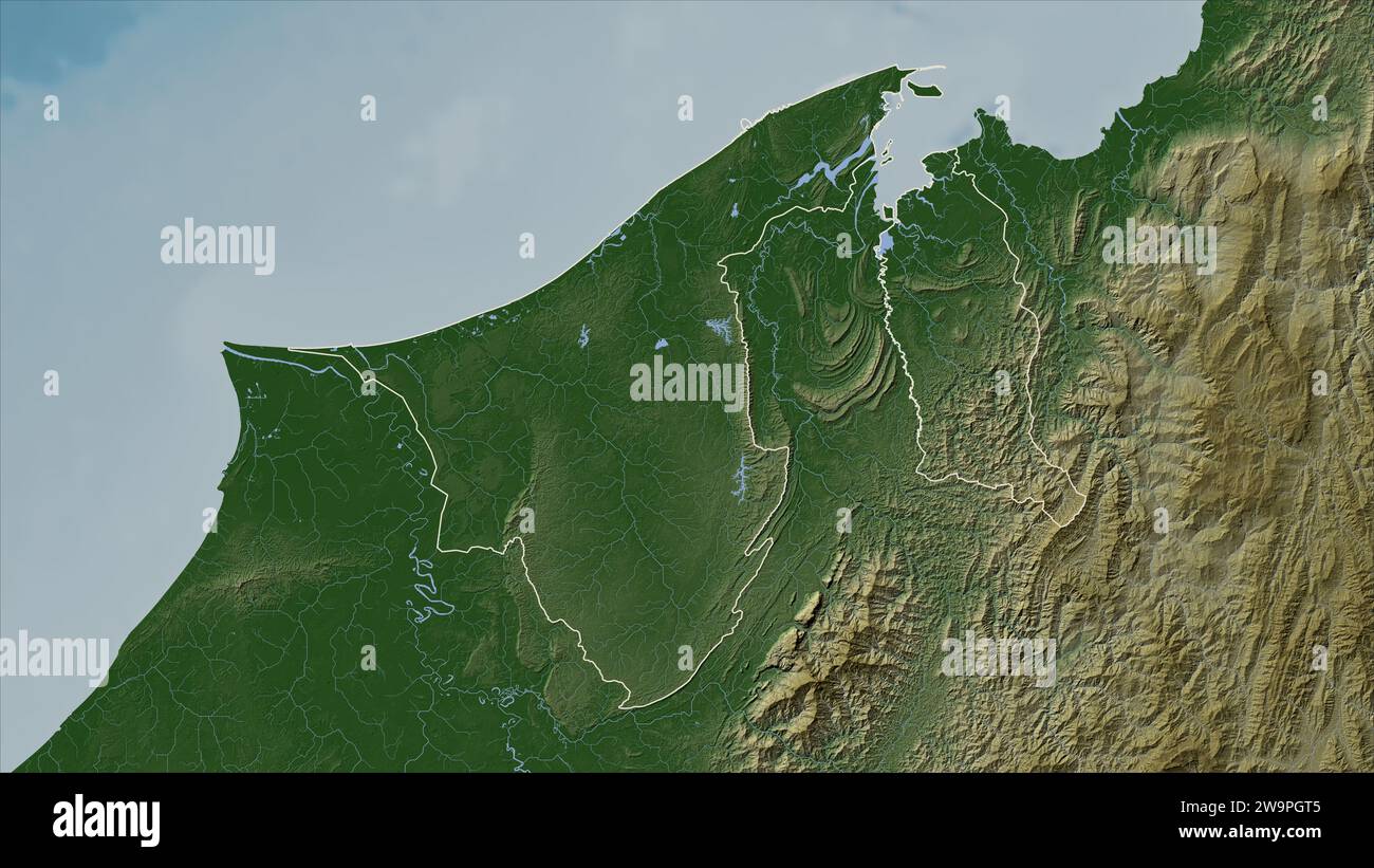 Brunei outlined on a Pale colored elevation map with lakes and rivers ...