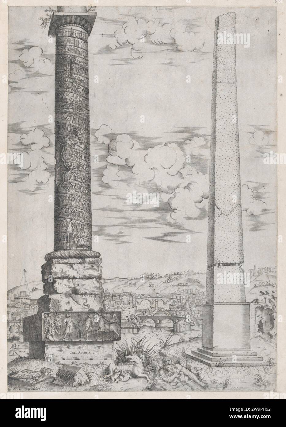 Column of Antoninus and a Roman Obelisk, from "Speculum Romanae ...