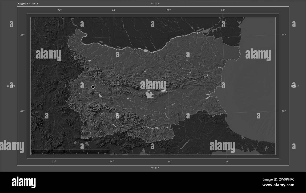 Bulgaria highlighted on a Bilevel elevation map with lakes and rivers ...