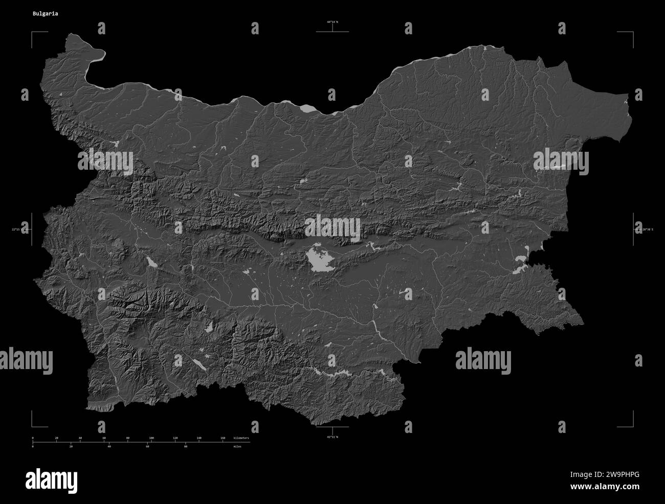 Shape of a Bilevel elevation map with lakes and rivers of the Bulgaria ...