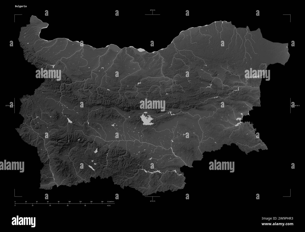 Shape of a Grayscale elevation map with lakes and rivers of the ...