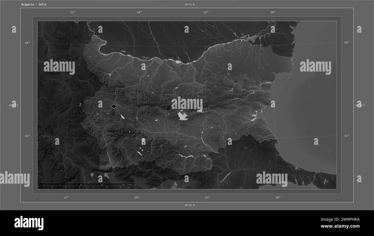 Bulgaria highlighted on a Grayscale elevation map with lakes and rivers ...