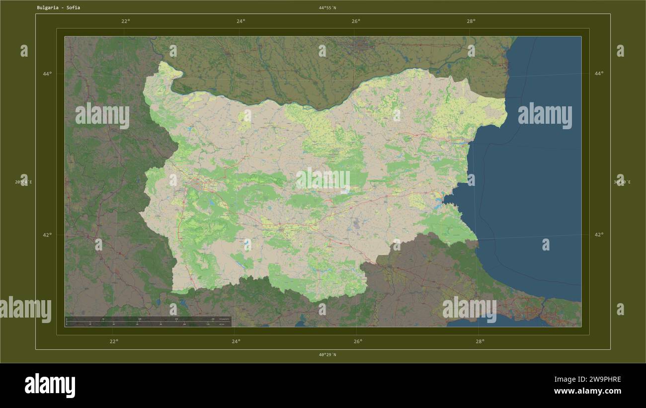 Bulgaria highlighted on a topographic, OSM standard style map map with ...