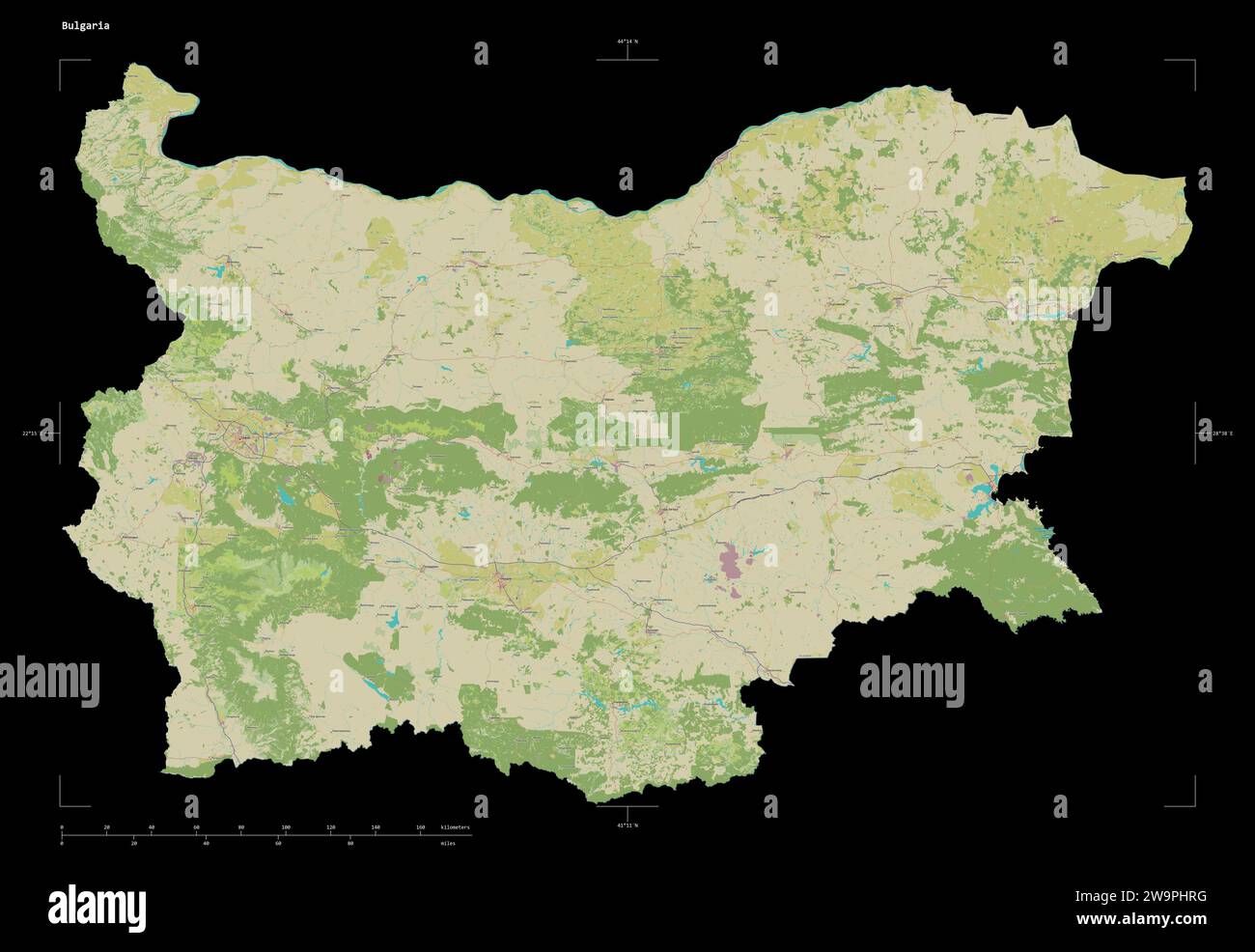 Shape of a topographic, OSM Humanitarian style map of the Bulgaria ...