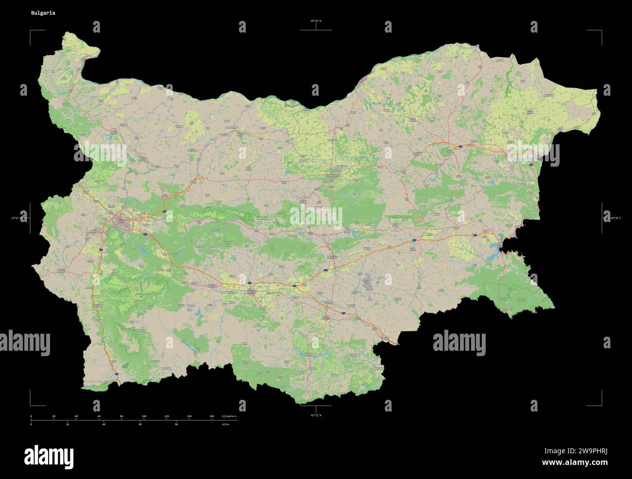 Shape of a topographic, OSM Germany style map of the Bulgaria, with ...