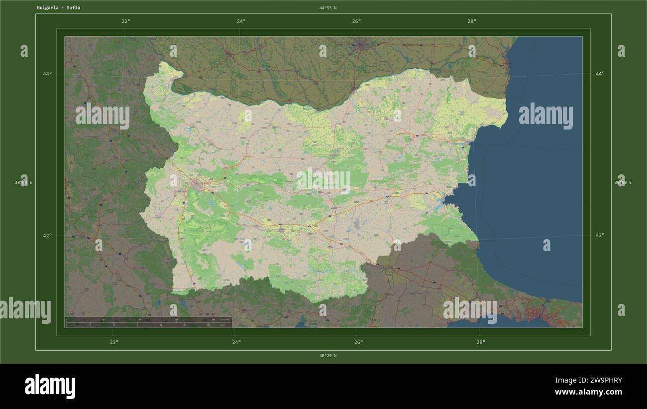 Bulgaria highlighted on a topographic, OSM Germany style map map with ...