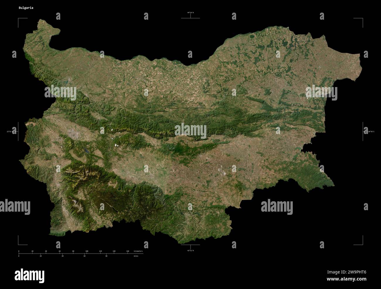 Shape of a low resolution satellite map of the Bulgaria, with distance ...