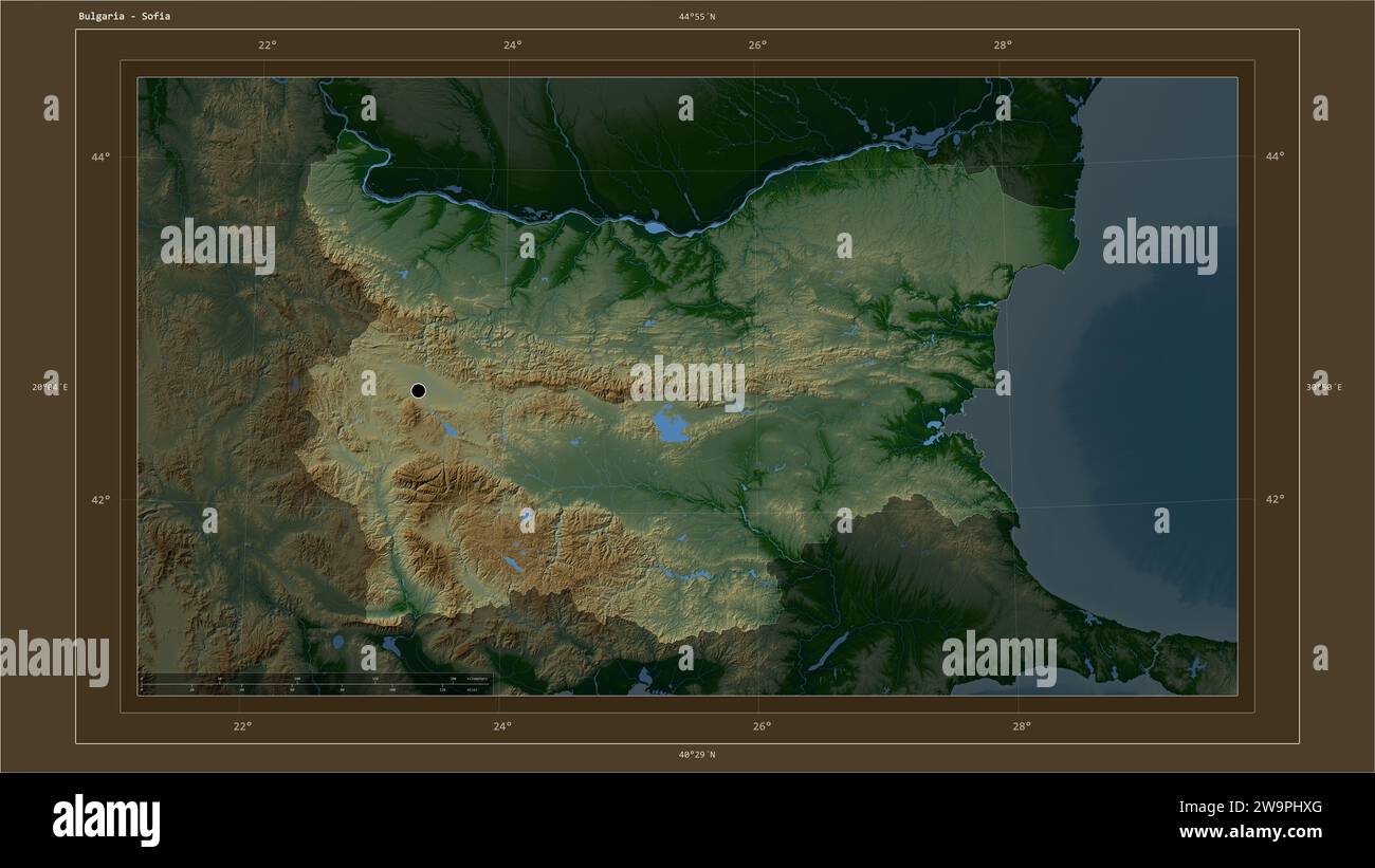 Bulgaria highlighted on a Colored elevation map with lakes and rivers ...