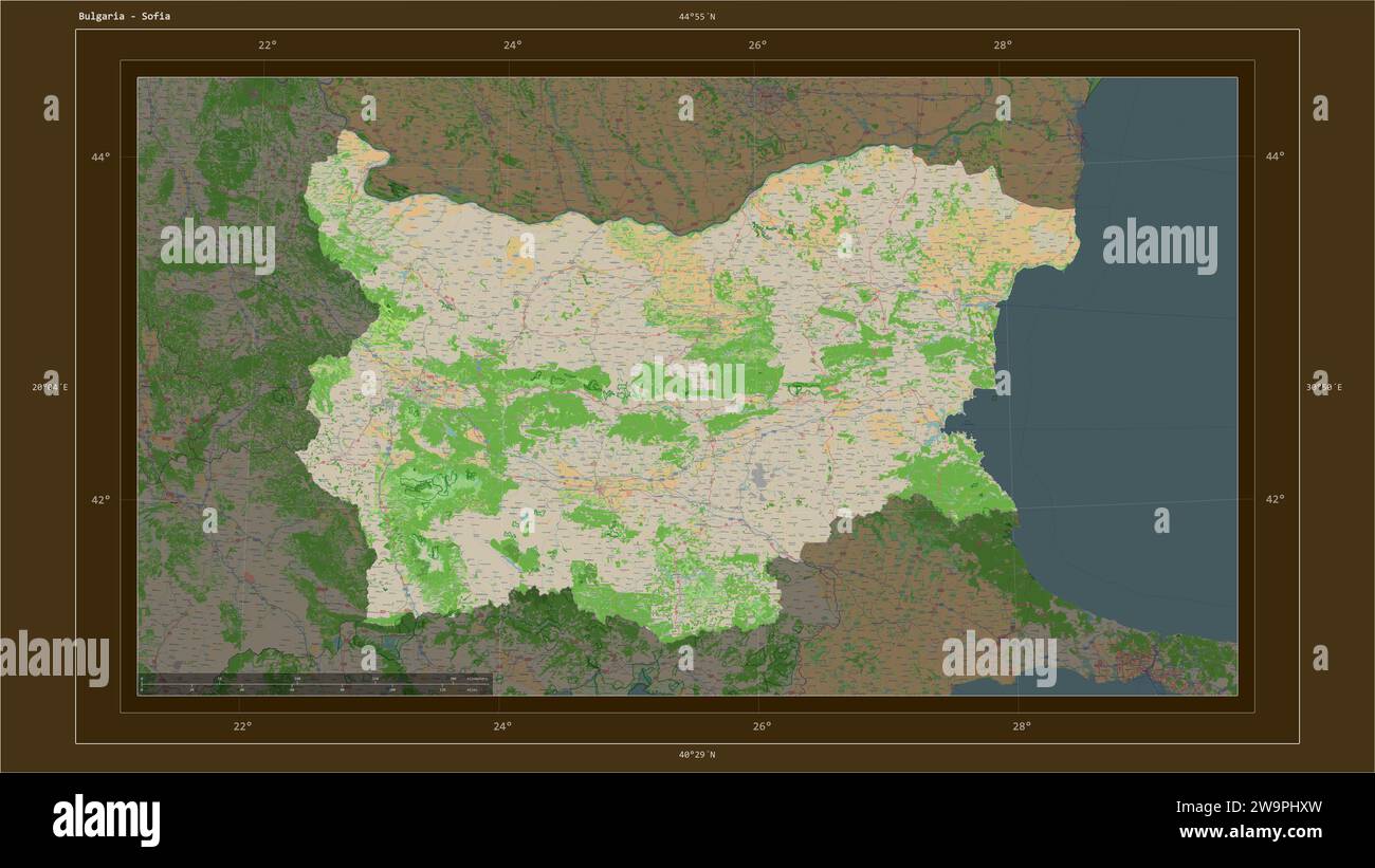 Bulgaria highlighted on a topographic, OSM France style map map with ...