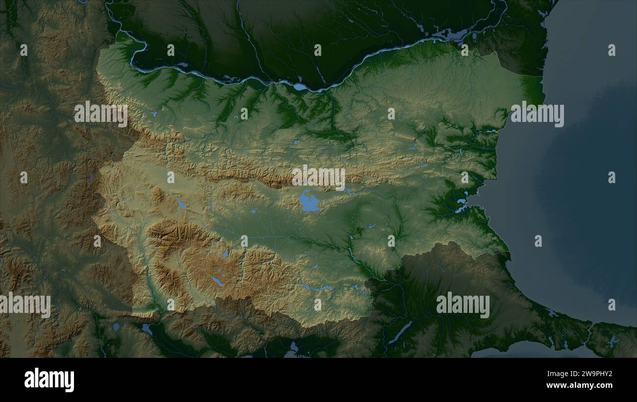 Bulgaria highlighted on a Colored elevation map with lakes and rivers ...