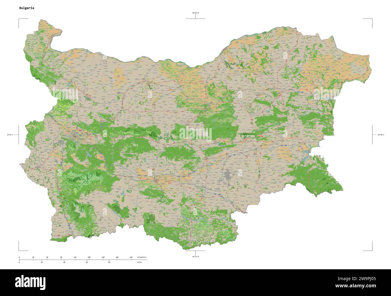 Shape of a topographic, OSM France style map of the Bulgaria, with ...