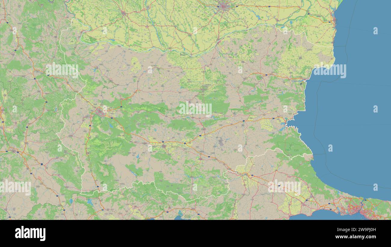 Bulgaria outlined on a topographic, OSM Germany style map Stock Photo ...