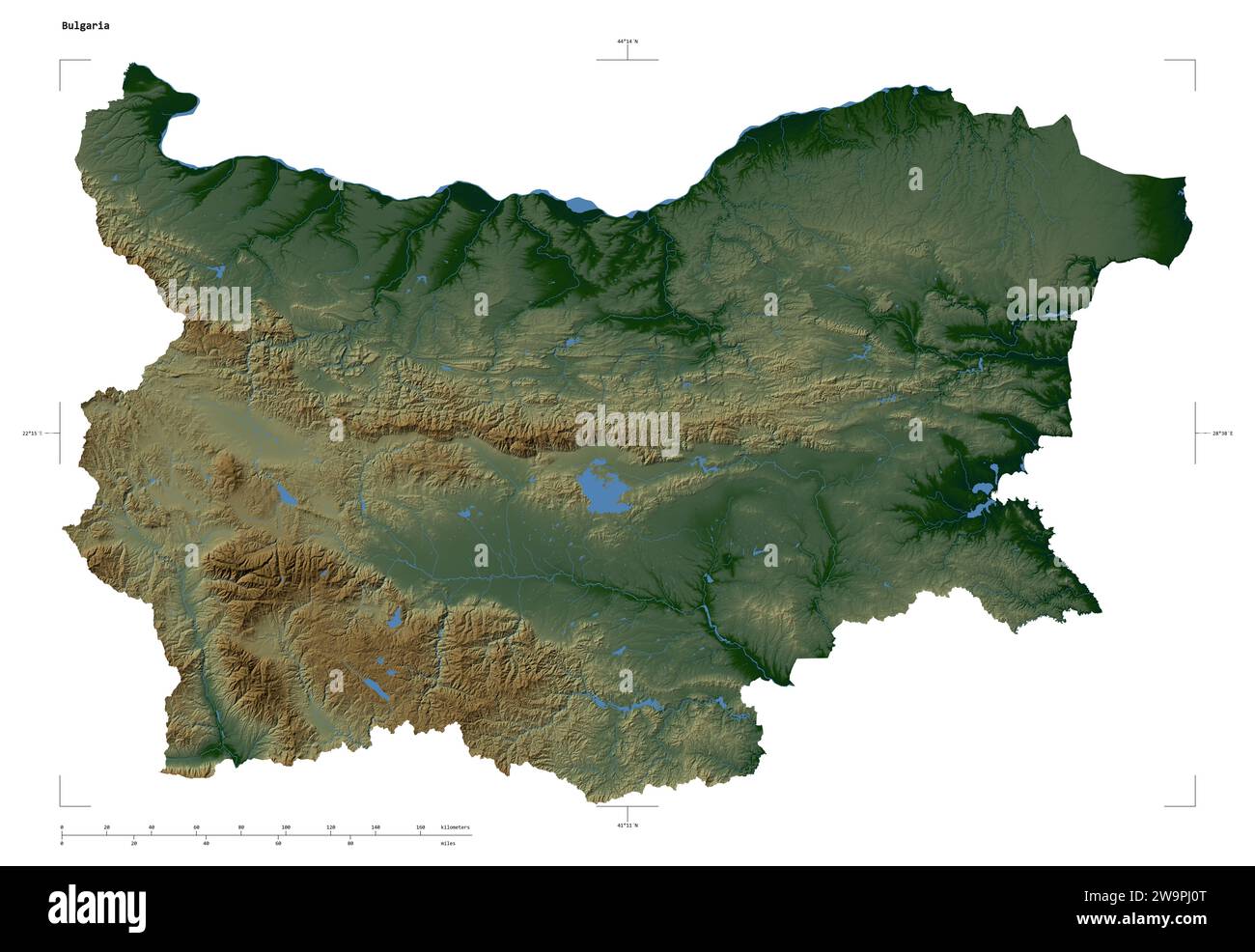 Shape of a Colored elevation map with lakes and rivers of the Bulgaria ...