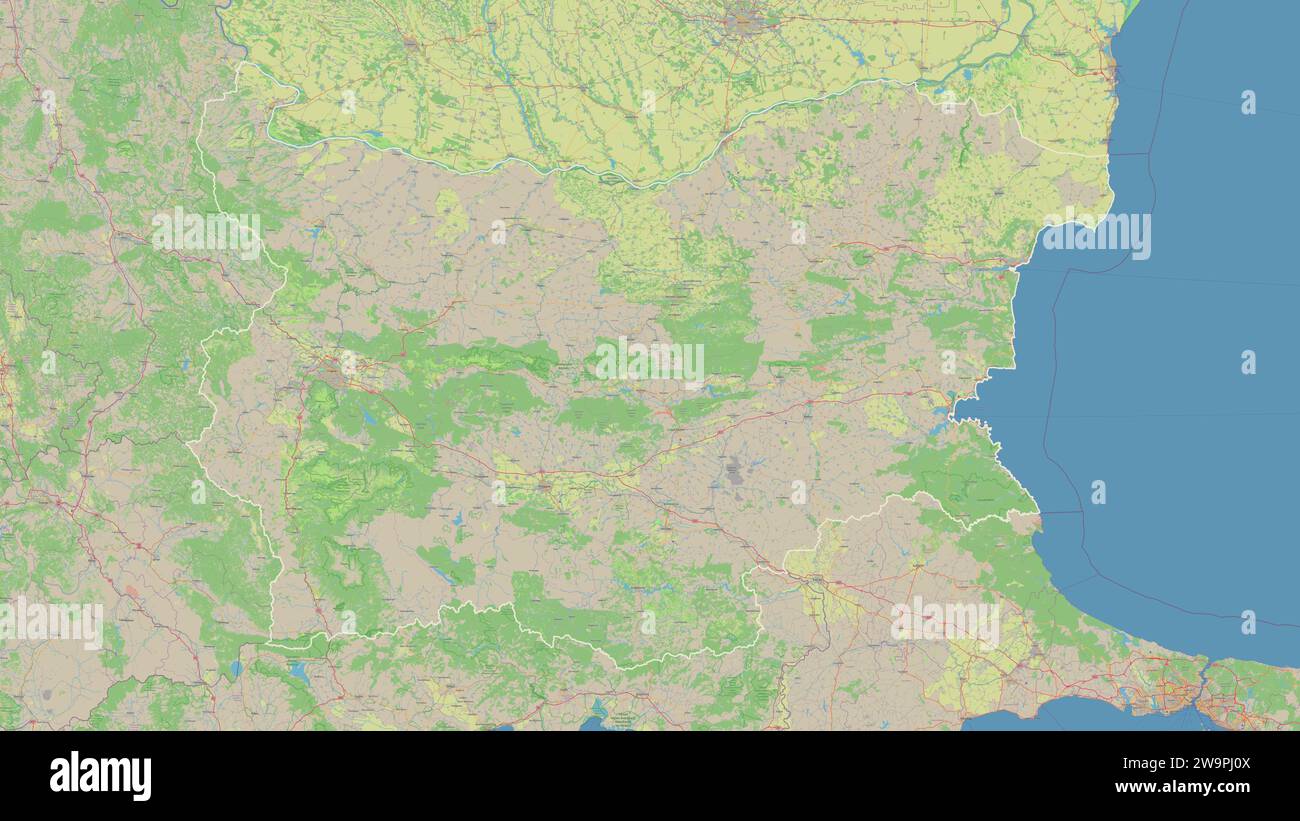 Bulgaria outlined on a topographic, OSM standard style map Stock Photo ...